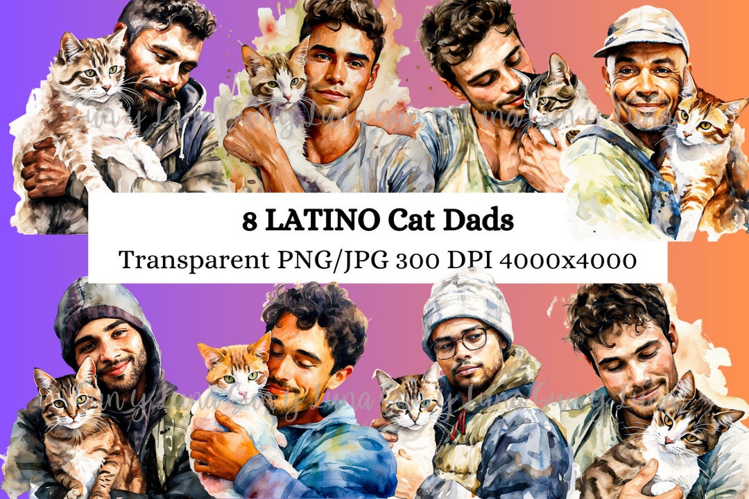 8 Latino Hispanic Cat Dad Cat Man Watercolor Digital Clip Art Bundle ...
