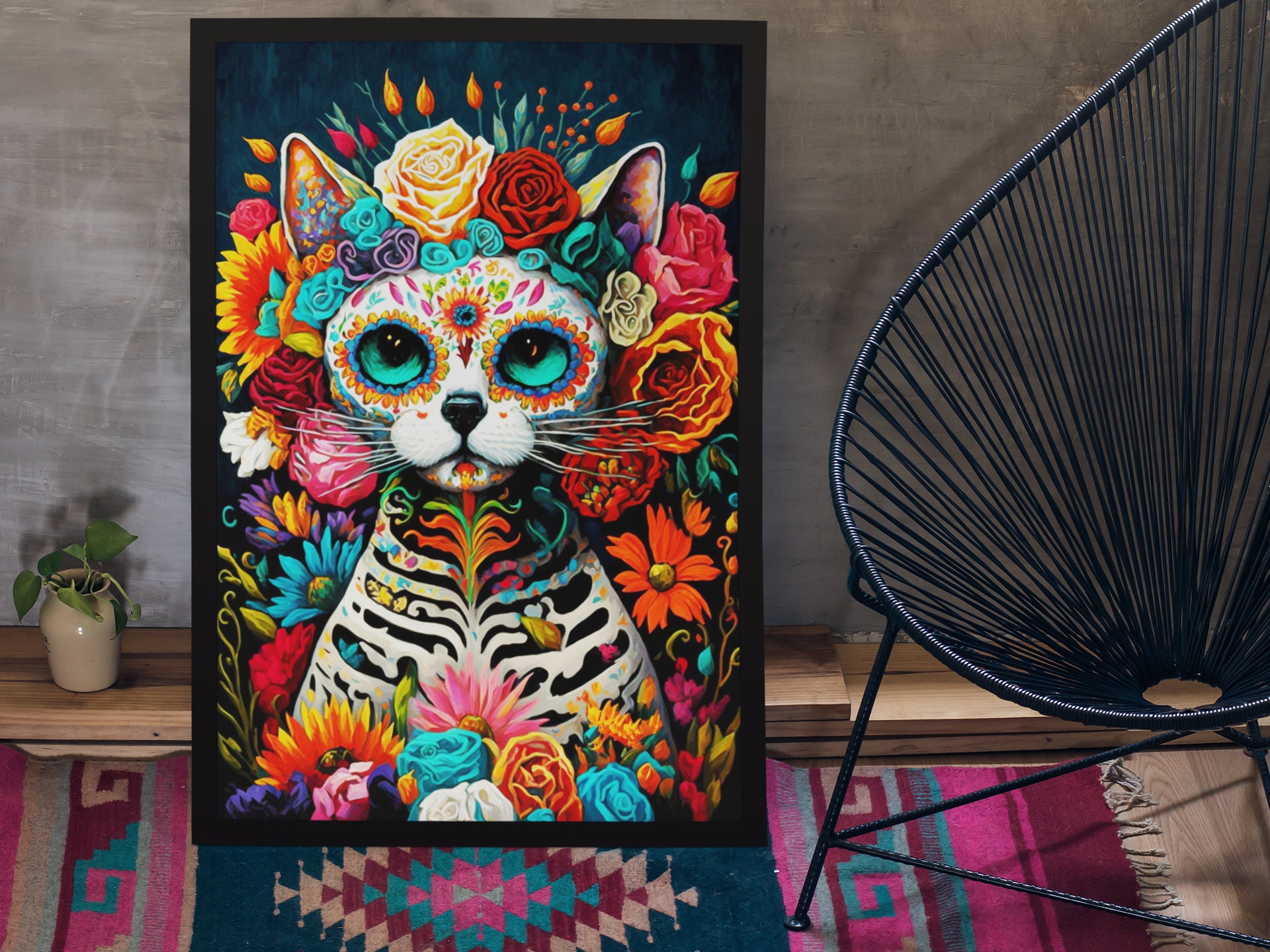 Cat Day of the Dead Dia De Los Muertos Gato Flowers, Colorful Digital ...