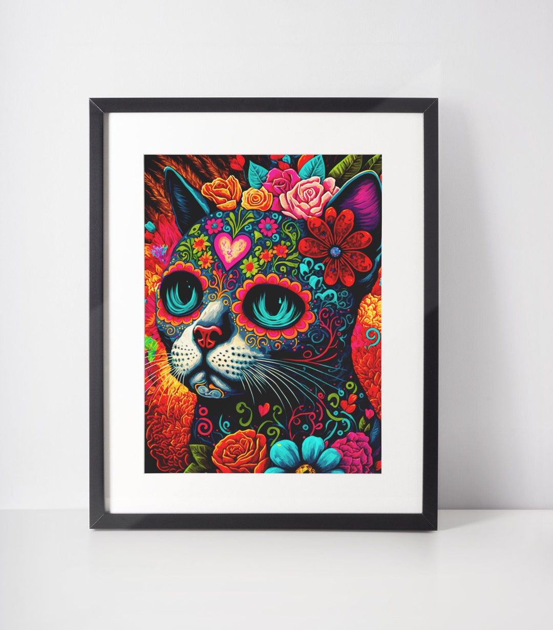 Cat Day of the Dead Dia De Los Muertos Gato Hearts Flowers Colorful ...