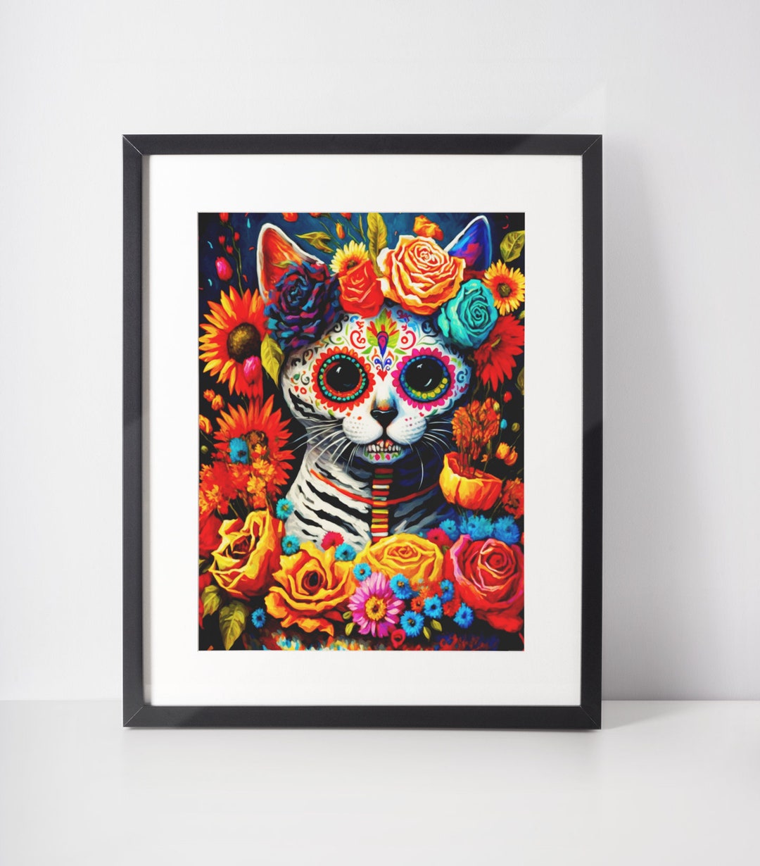 Cat Day of the Dead Dia De Los Muertos Gato Flowers, Colorful Digital ...
