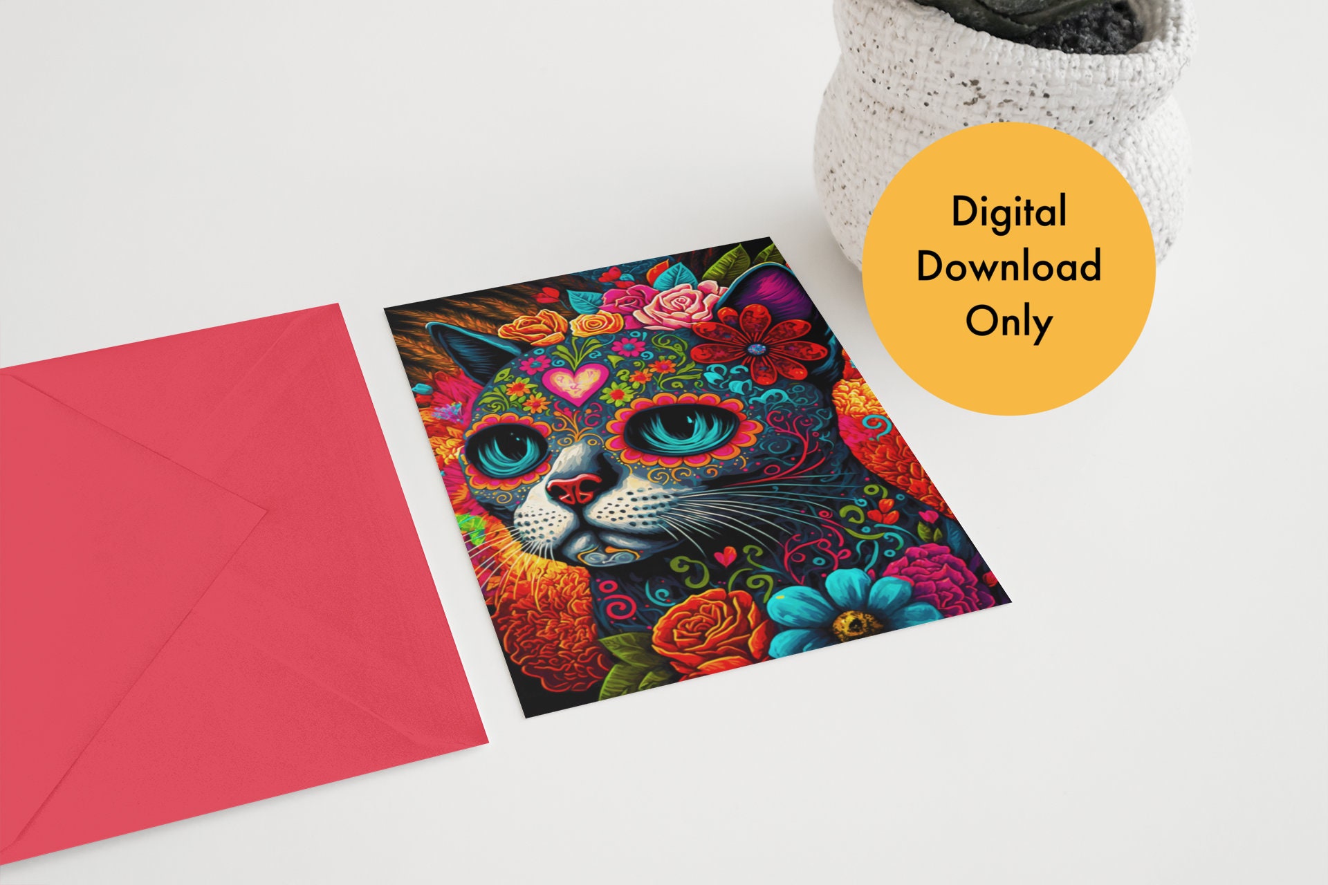 Cat Day of the Dead Dia De Los Muertos Gato Hearts Flowers Colorful ...