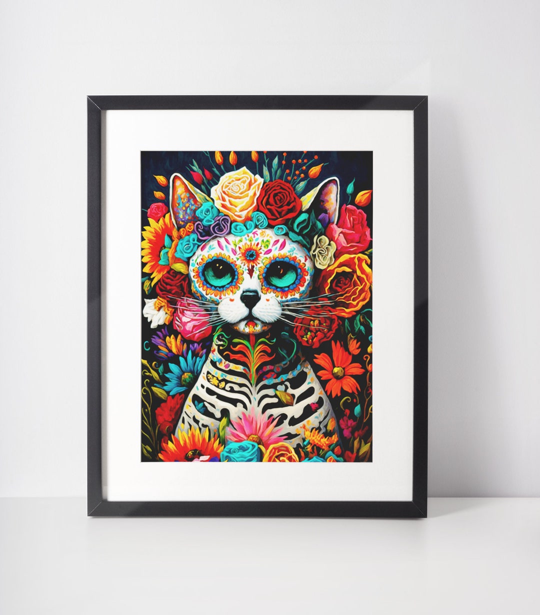 Cat Day of the Dead Dia De Los Muertos Gato Flowers, Colorful Digital ...
