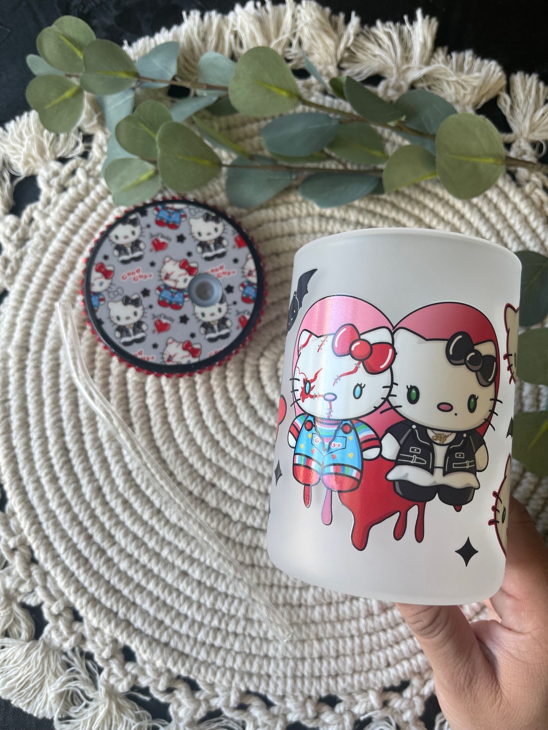 Hello Kitty 15oz Frosted Glass Mug, Chucky & Tiffany Inspired Hello ...