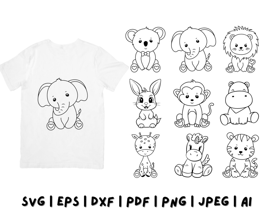 Baby Animals Svg Bundle, Safari Animals Outline, Cute Animal Png, Cute ...