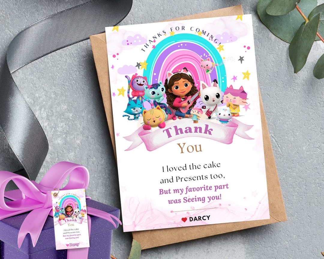 Gabbys Dollhouse Thank You Card Gabby's Party Favor Pandy Template Doll ...