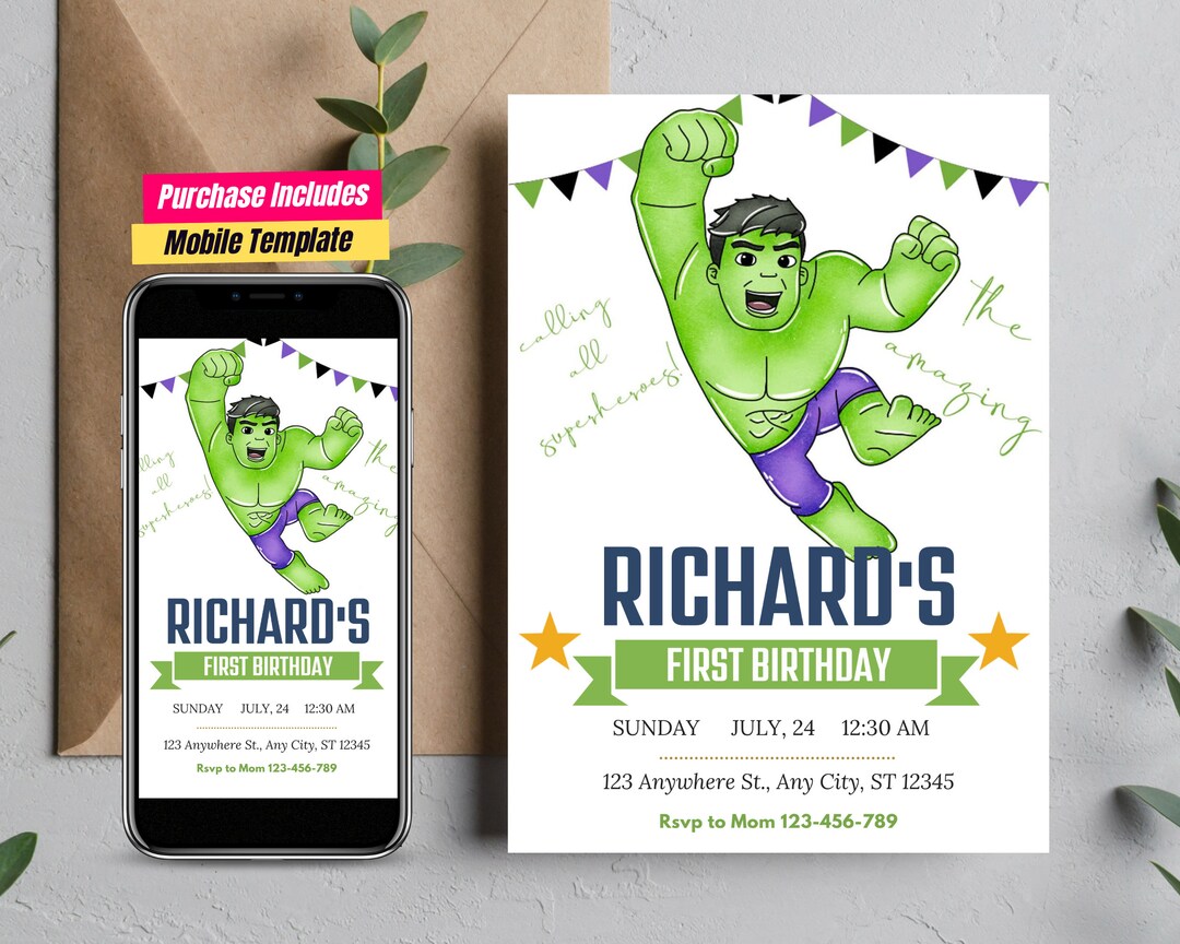 Editable Hulk Birthday Invitation Avengers Invitation Superhero ...