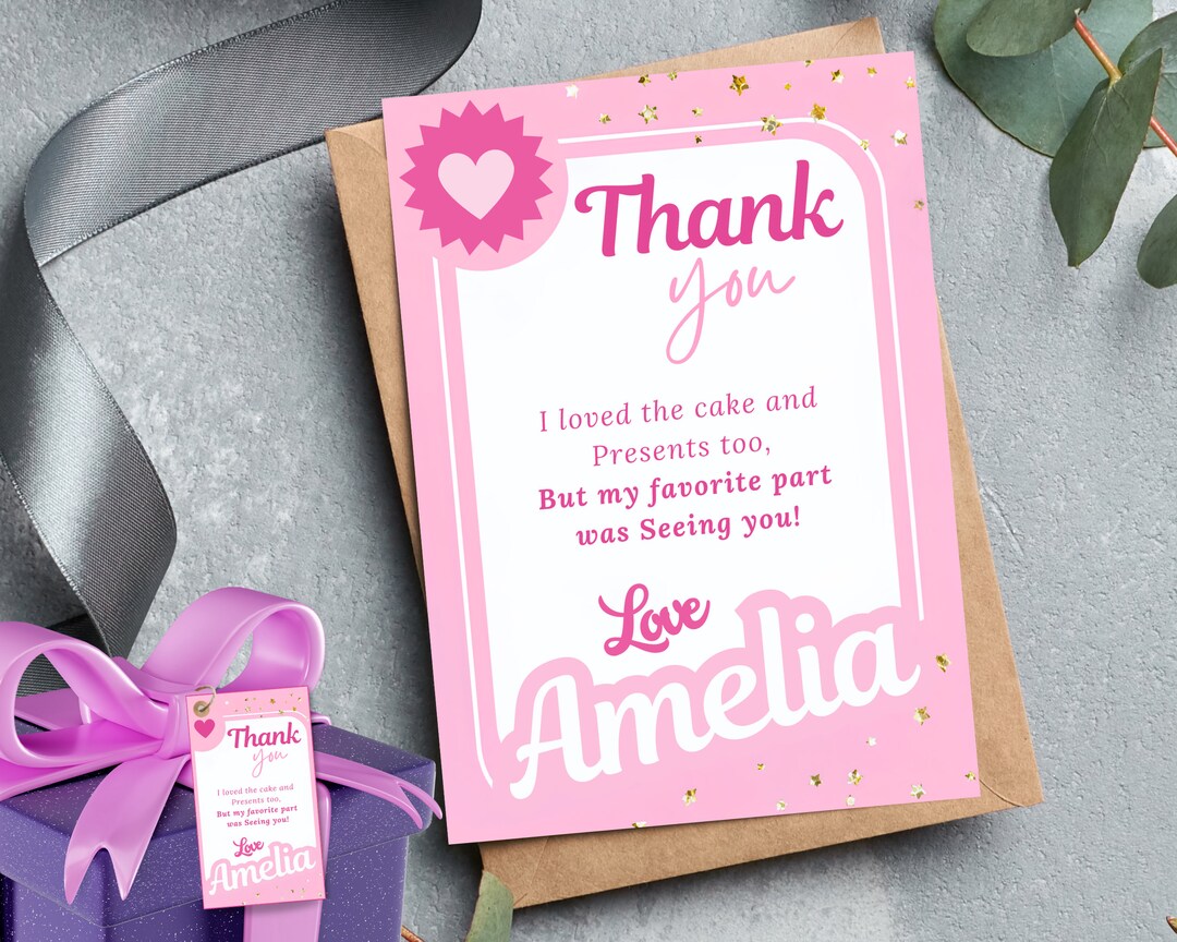 Barbie Thank You Card for Girls Birthday Pink Doll Thank You Party ...