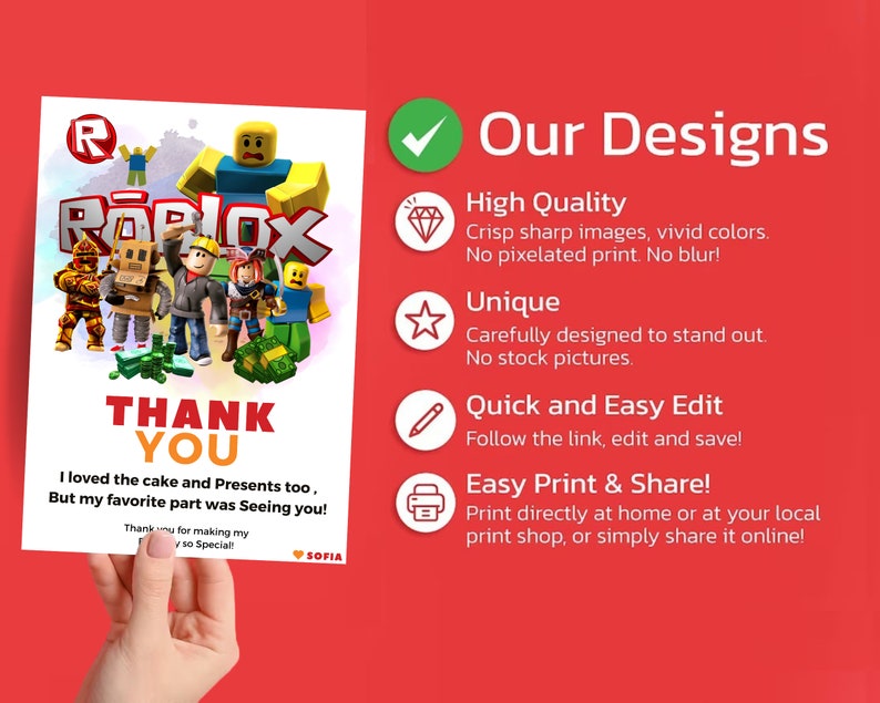 Personalised Roblox Kid Invitation and Thank You Tag Roblox Thanks for ...