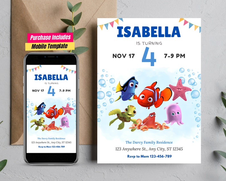Printable Nemo Birthday Invitation, Dory Invite, Under the Sea Party ...