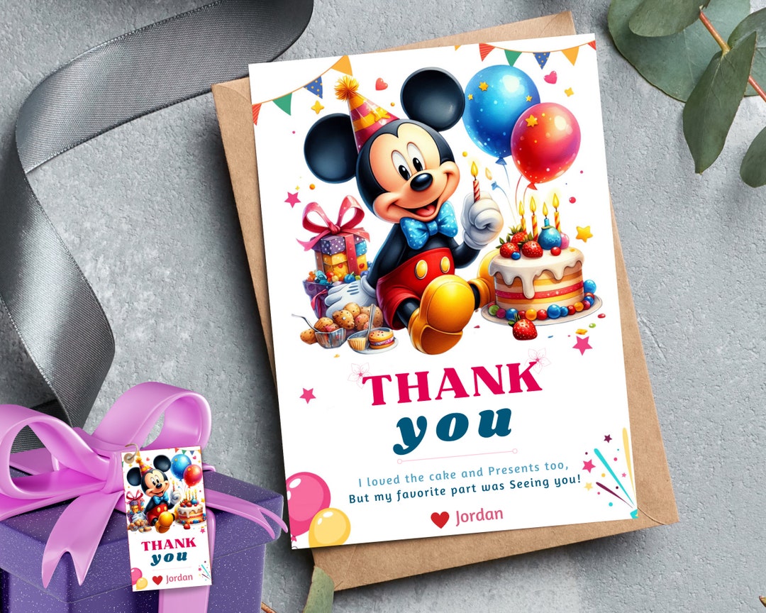 Mickey Thank You Party Card Cartoon Mickey Mouse Thank You Gift Card ...