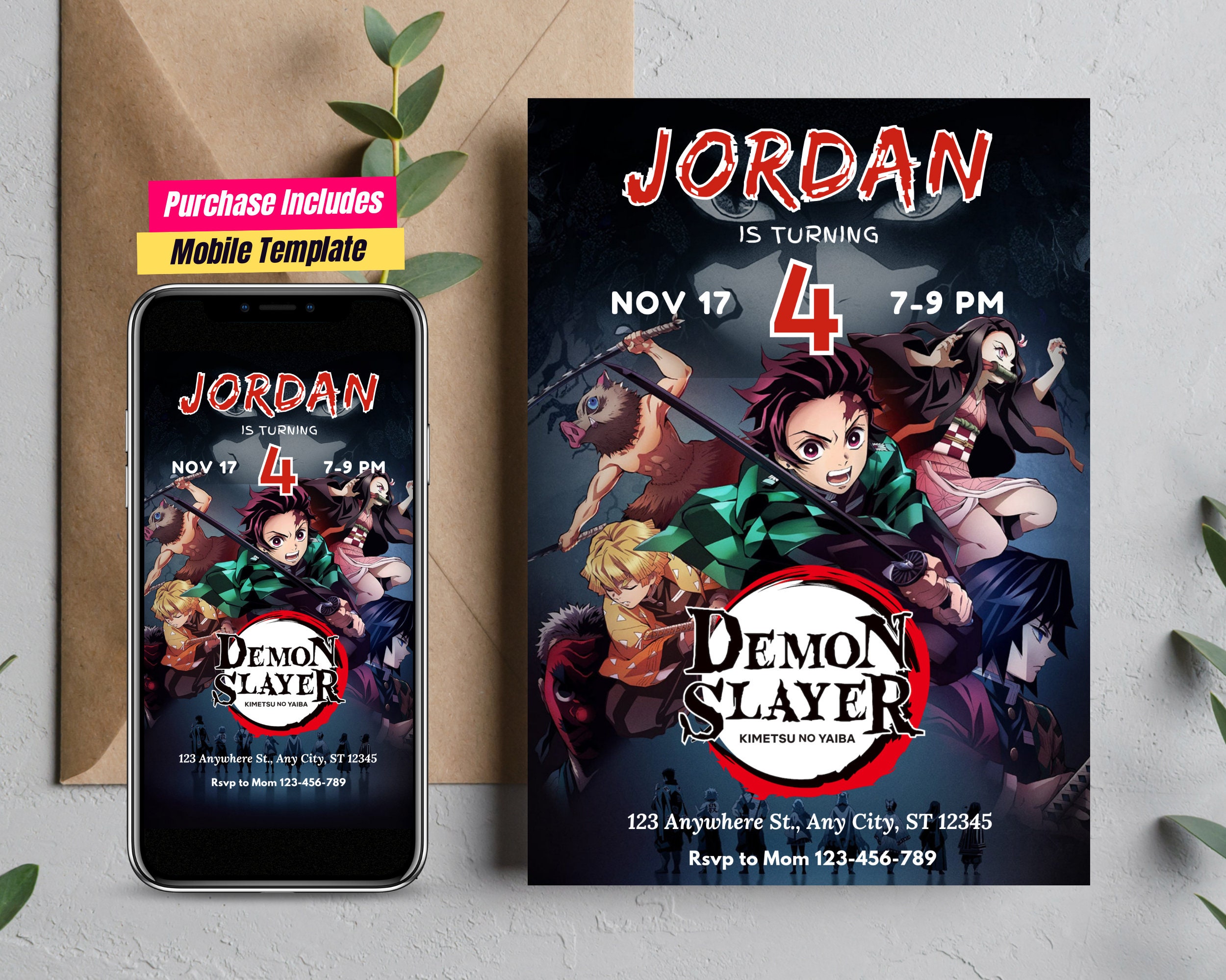 Printable Anime Birthday Invitation Demon Slayer Birthday Party ...
