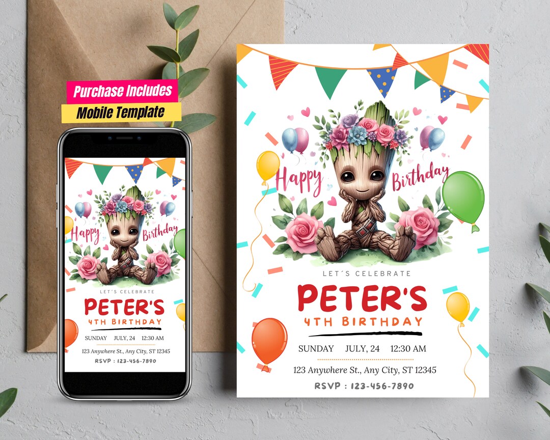 Groot Birthday Invitation Template, Printable Birthday Party Invitation ...