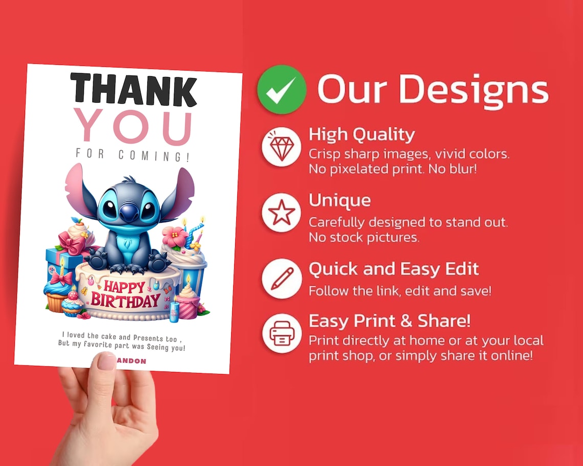 Lilo & Stitch Birthday Gift Card Stitch Tags for Kids Party Stitch Themed Thank You Tags Stitch ...