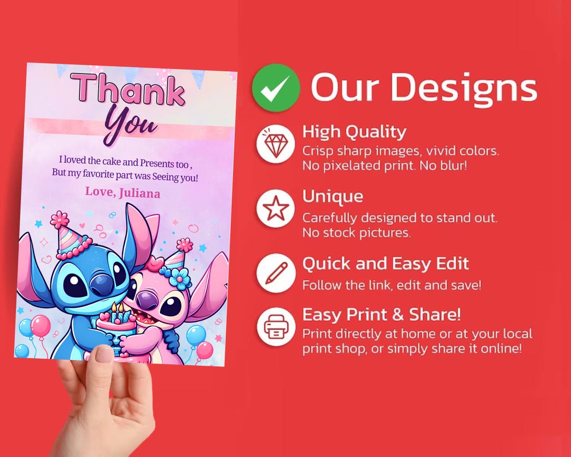 Lilo & Stitch Thank You Cards Personalised Stitch Thank You for Coming ...