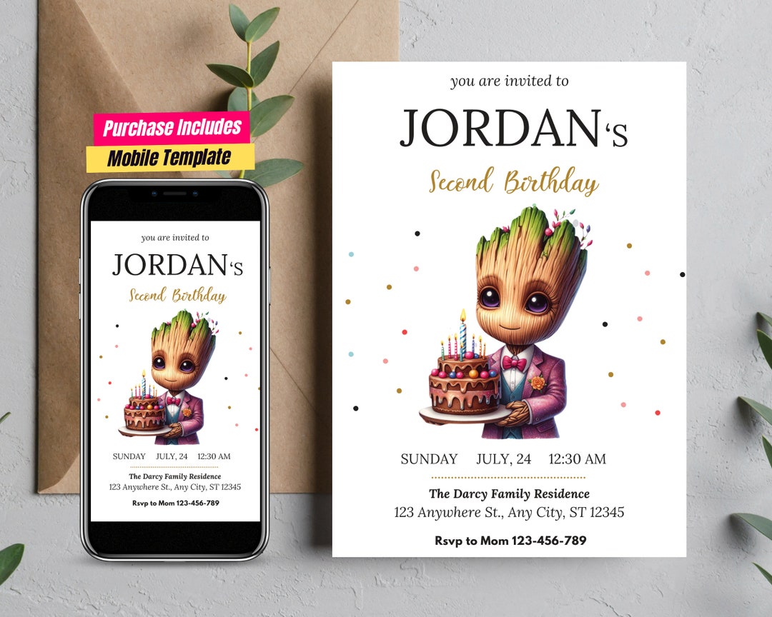 Groot Birthday Invitation Template, Printable Birthday Party Invitation ...