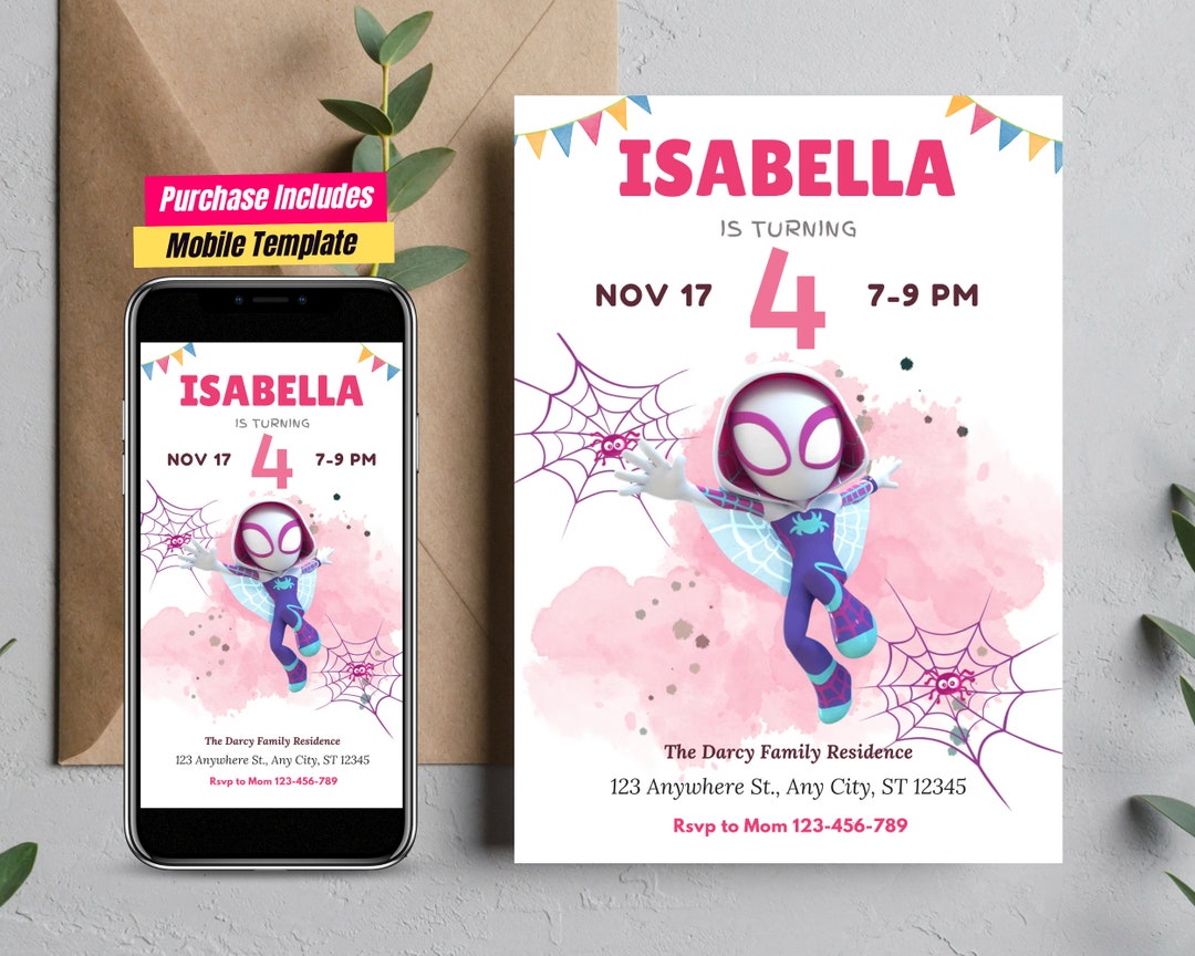 Gwen Spidey Birthday Invitation for Girl Birthday Pink Ghost Spidey ...