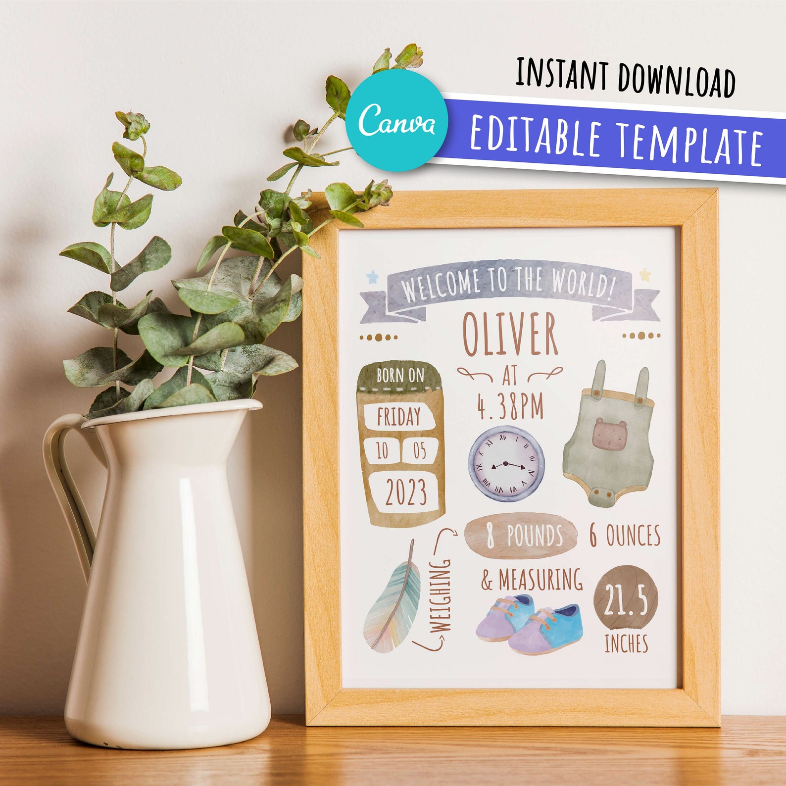 Printable Birth Announcement Template, Baby Stats Printable Art, DIY ...