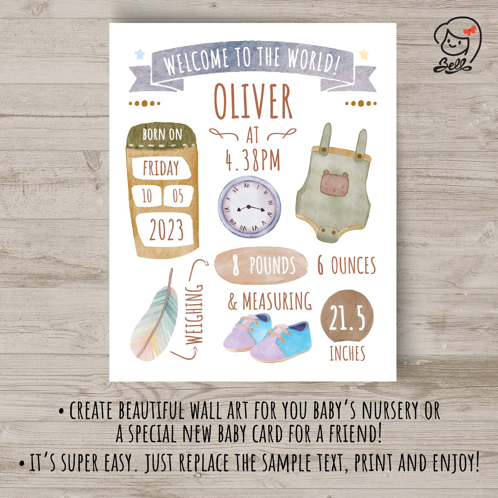 Printable Birth Announcement Template, Baby Stats Printable Art, DIY ...