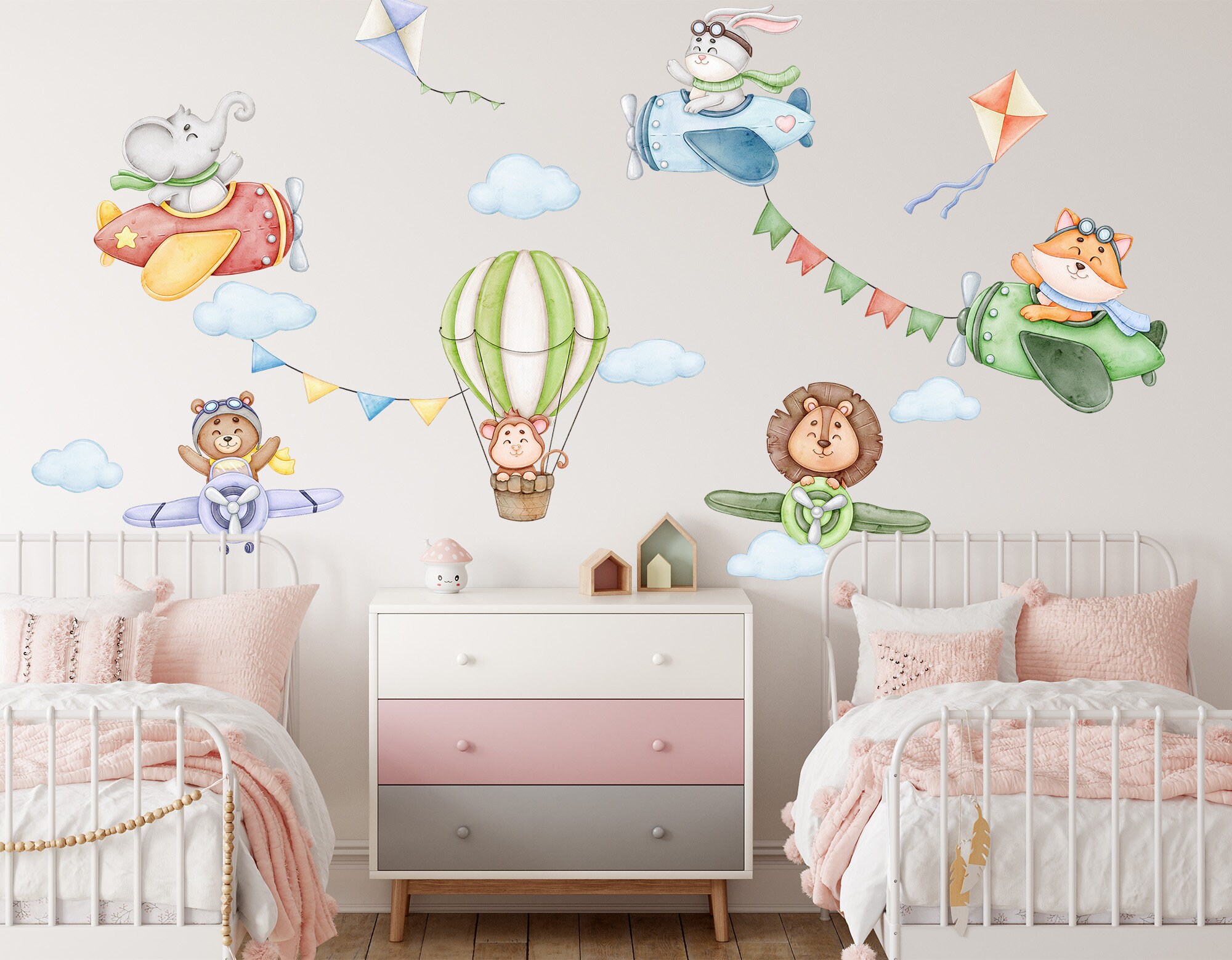 Safari Animals Airplane Wall Decals Watercolor Themed Nursery Wall ...
