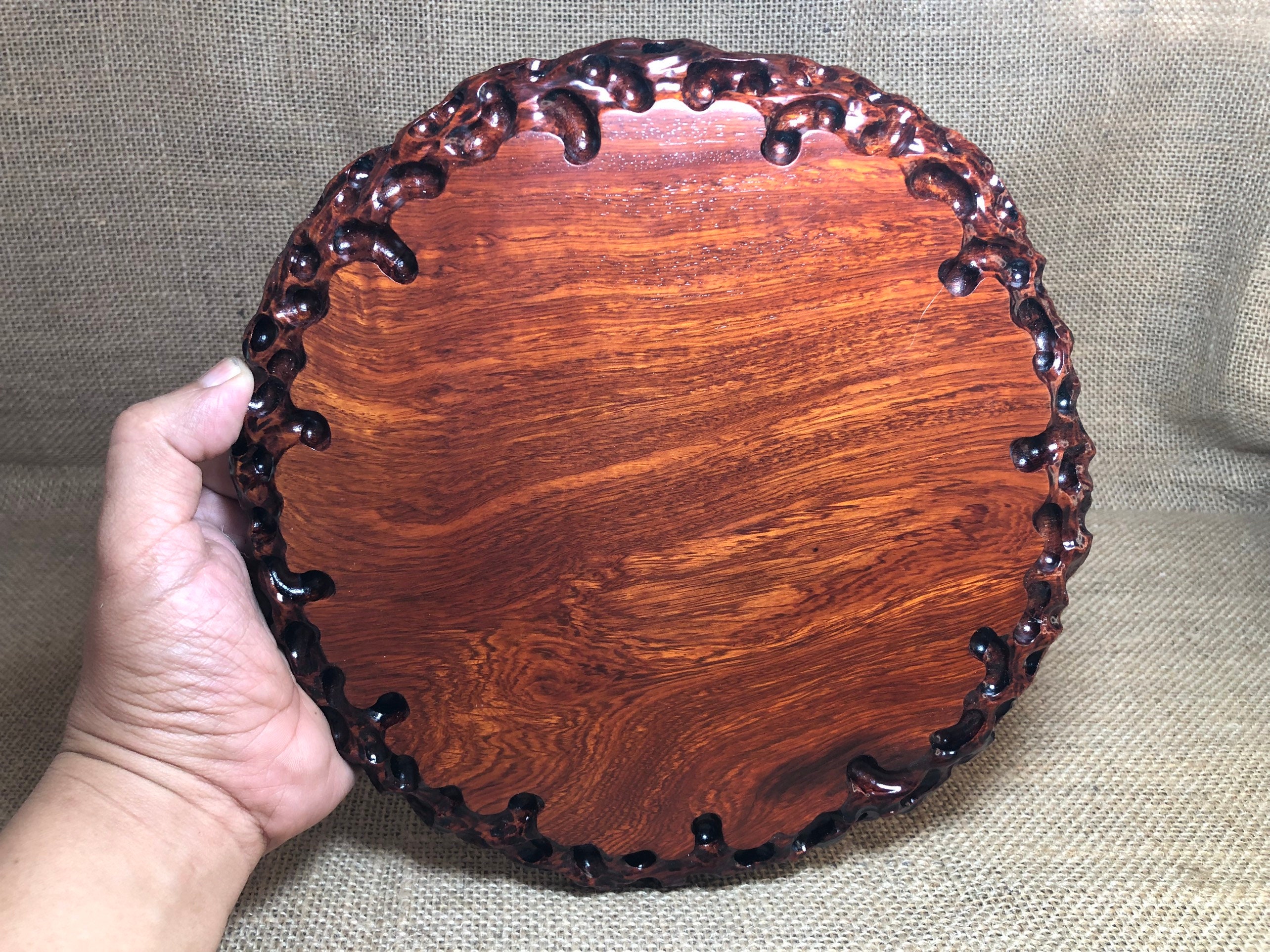 Round Wooden Stand With Padauk Wood , Pattern Sculpture Handmade ...