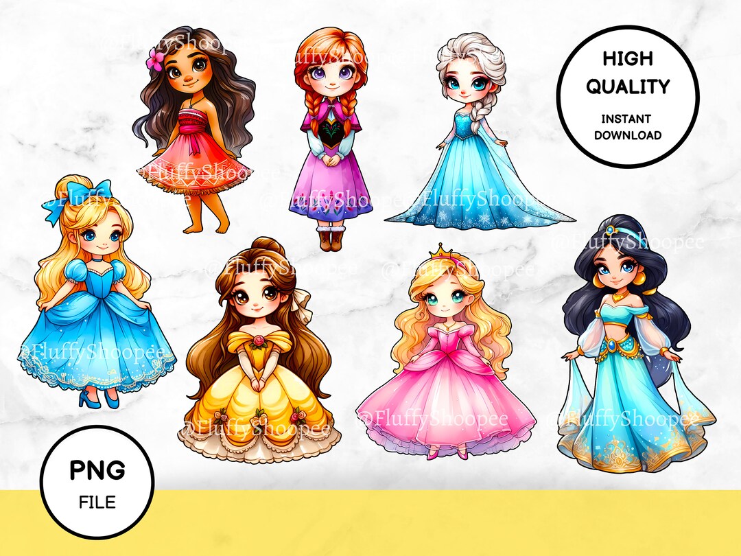 Cute Bundle of Cartoon Princesses PNG Beautiful Silhouette Characters ...