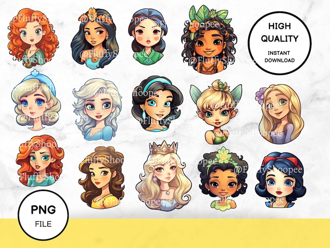 Cute Bundle of Cartoon Princesses Faces PNG Beautiful Silhouette ...