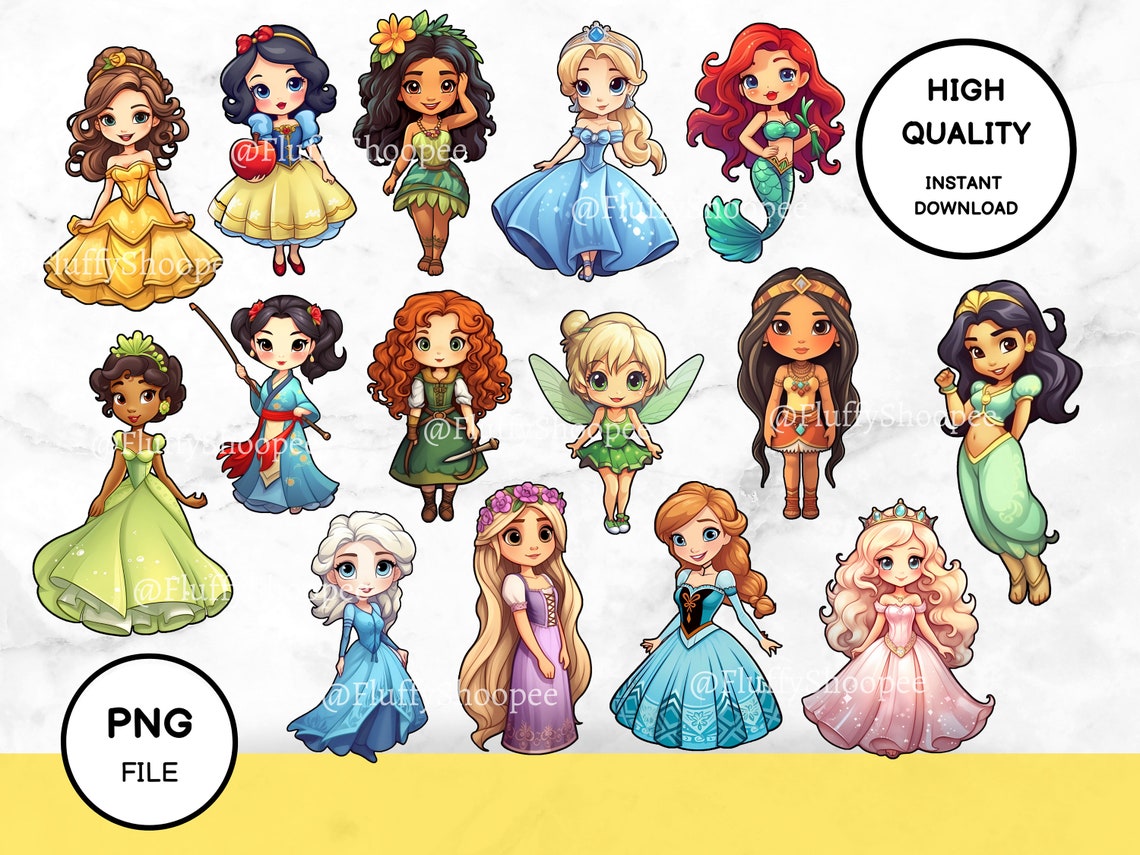 Cute Bundle of Cartoon Princesses PNG Beautiful Silhouette - Etsy