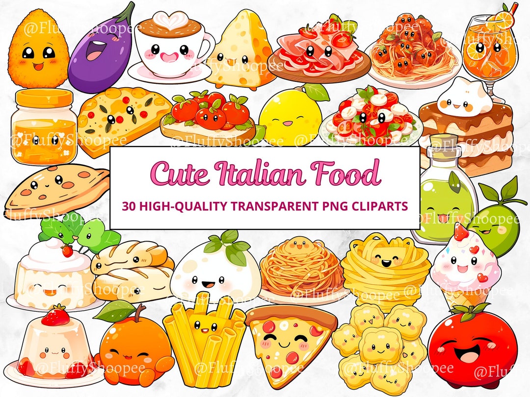 Cute Kawaii Italian Food PNG - Pasta, Pizza Clipart - Digital Download ...
