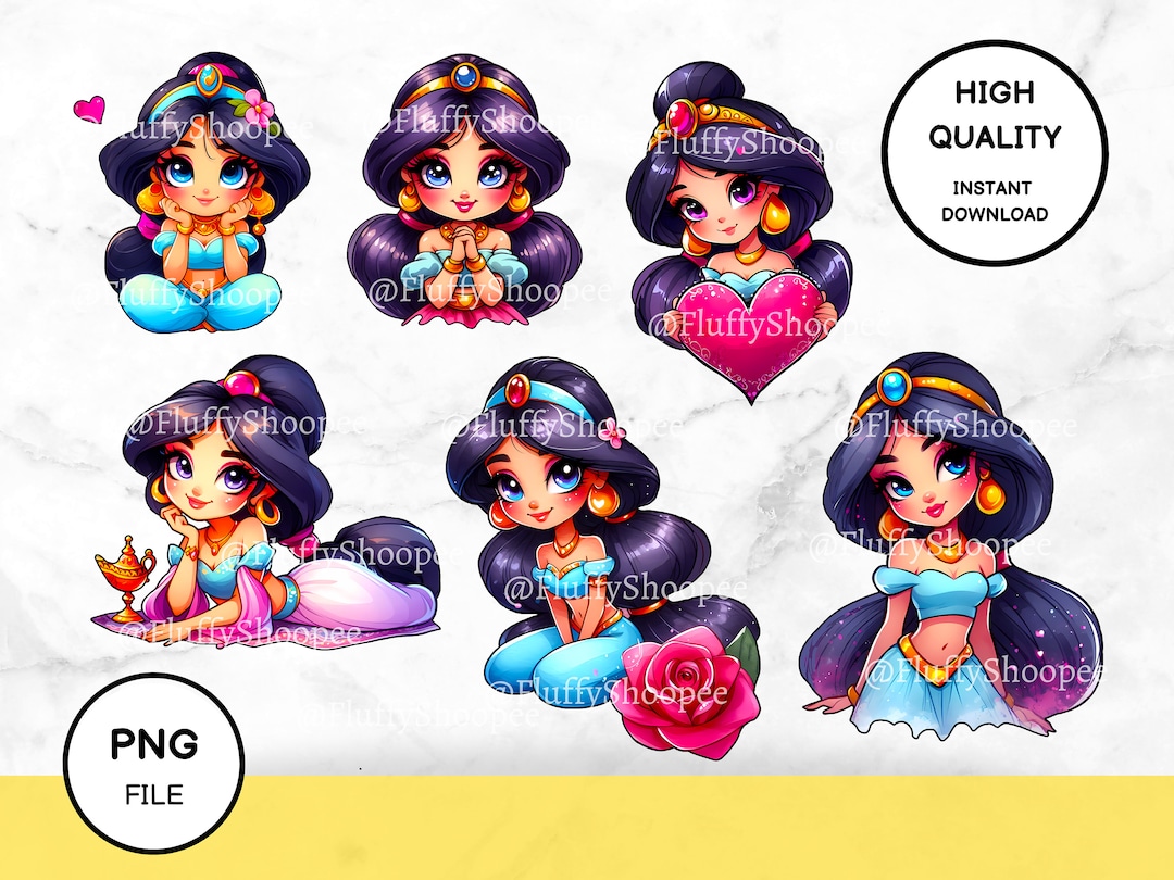 Cute Bundle of Cartoon Princess Jasmine PNG Lovely Digital Graphics ...