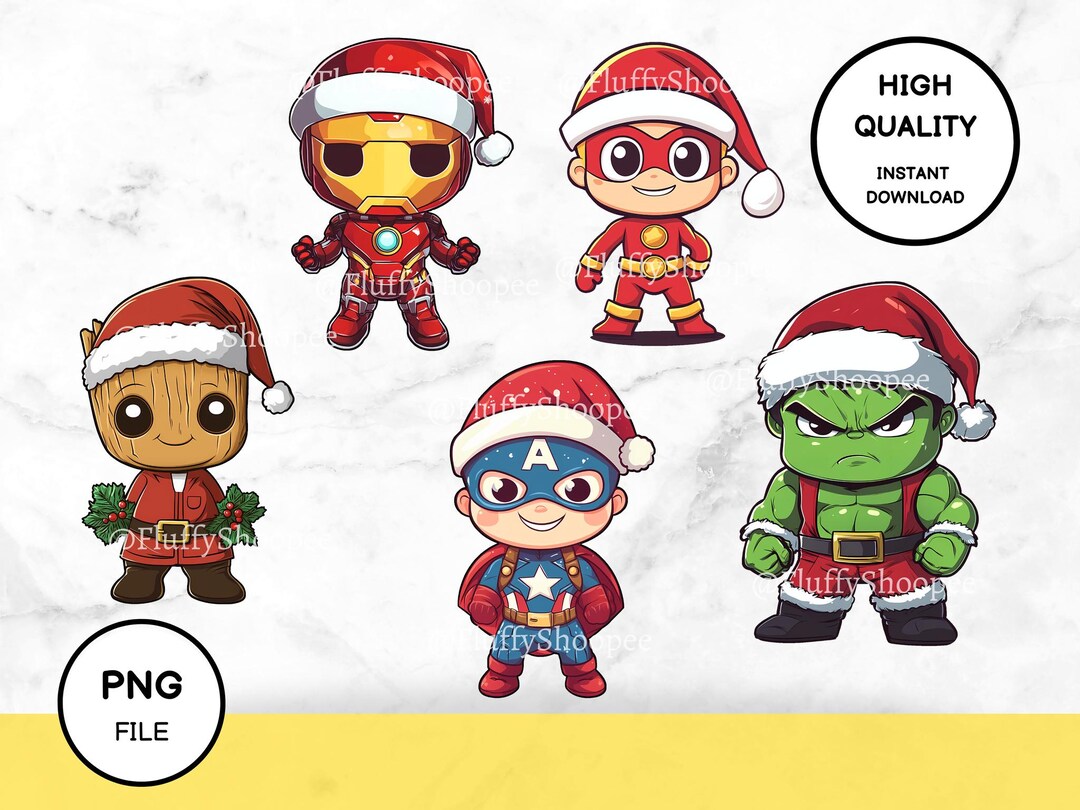 Christmas Superheroes Bundle Cute Chibi Cartoon Character Printable ...