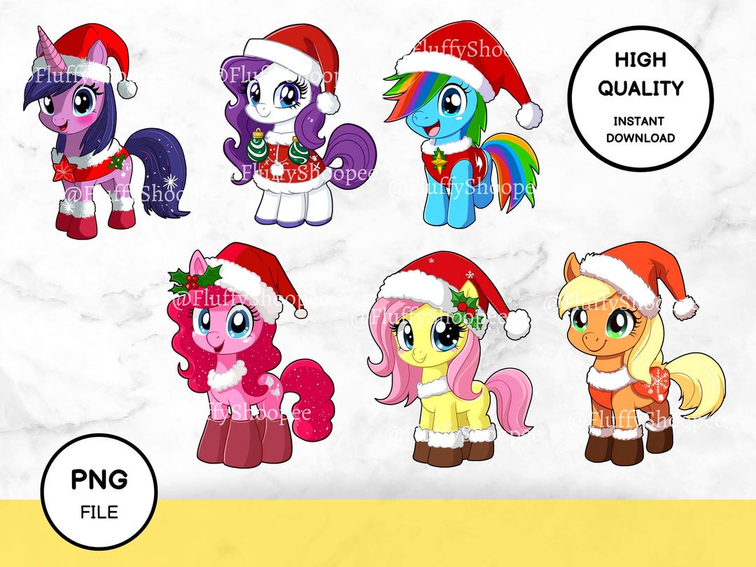 Cute Set of Popular Ponies PNG Christmas Style Stickers Digital Cartoon ...
