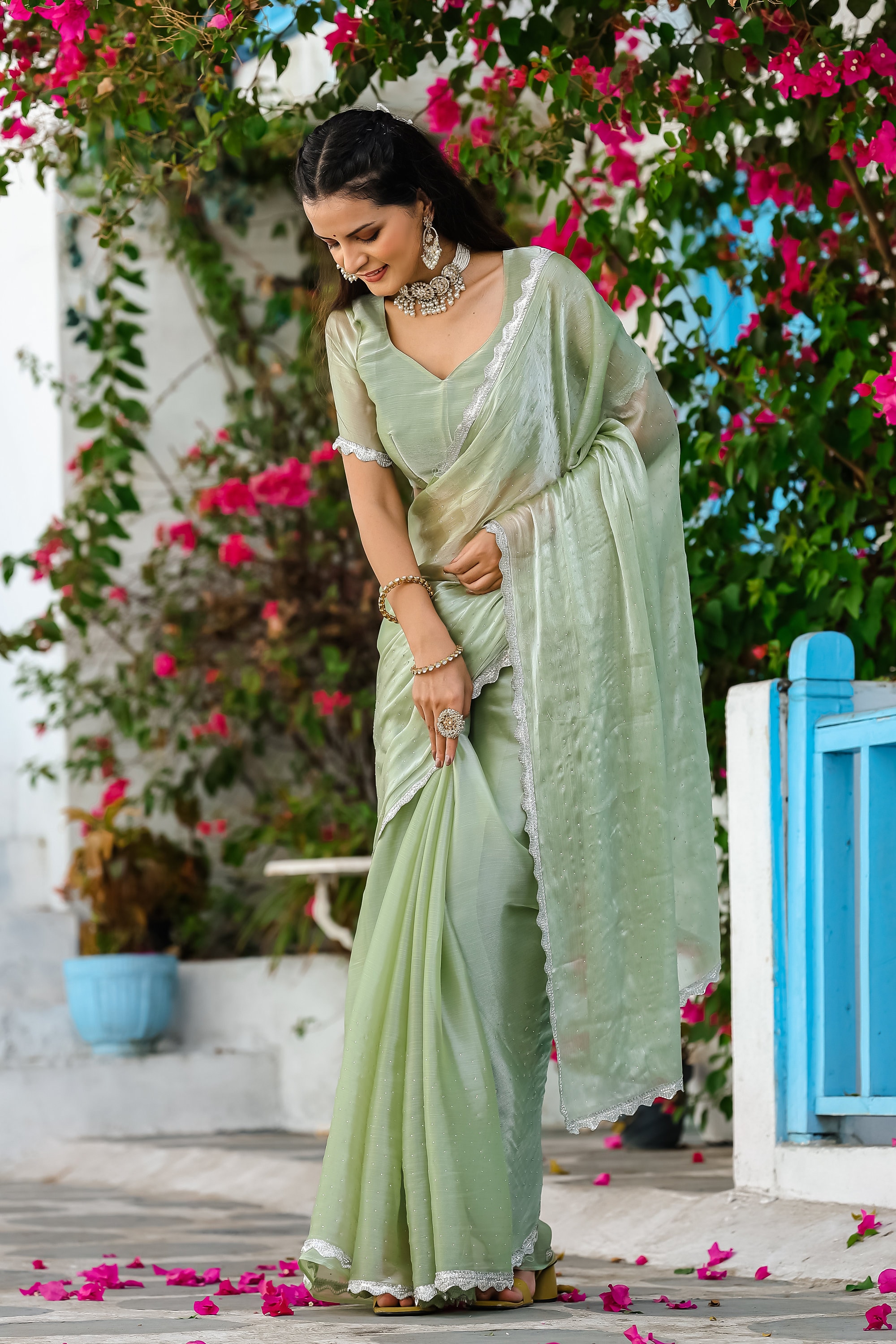 Designer Party Wear Organza Saree Hand Diamond Perl Work Saree Fancy ...