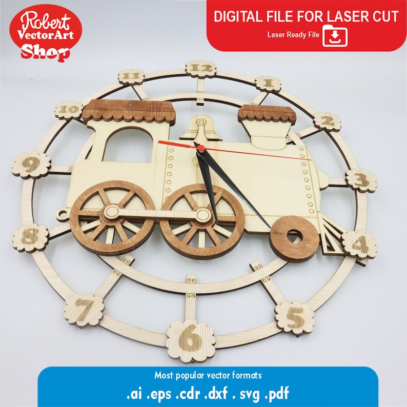 Laser Cut Wall Clock Train, Svg File Wall Clock Vector Template Wall ...