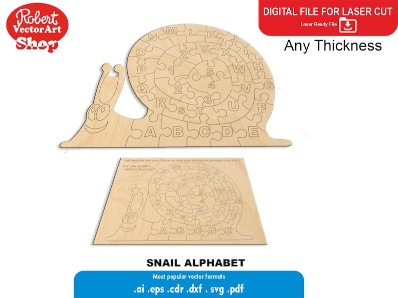 Kids Snail Puzzle Alphabet, for Laser Cutter, SVG, AI, CDR, Eps, Dxf ...