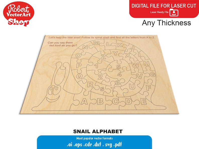 Kids Snail Puzzle Alphabet, for Laser Cutter, SVG, AI, CDR, Eps, Dxf ...