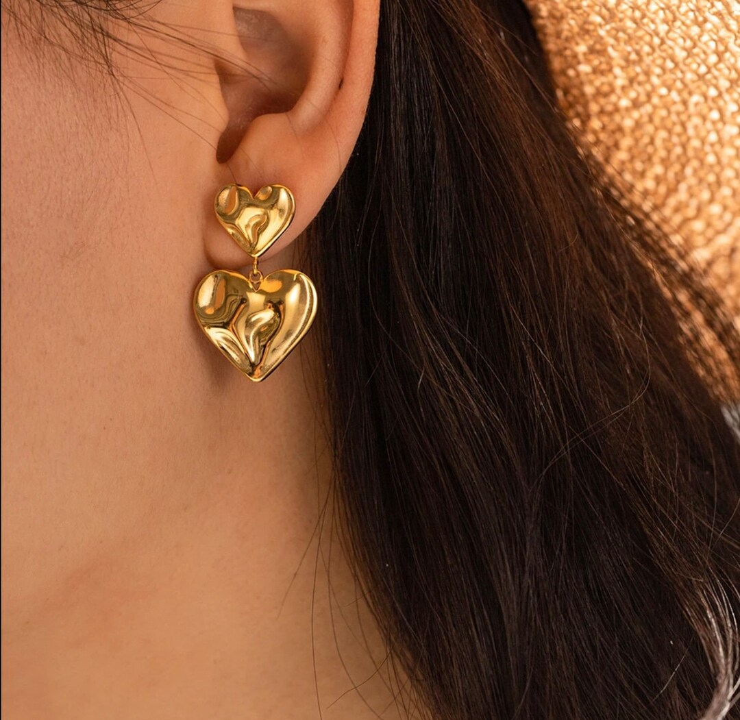 Gold Heart Shaped Dangle Drop Earrings, 18k PVD Gold Plated Earrings ...