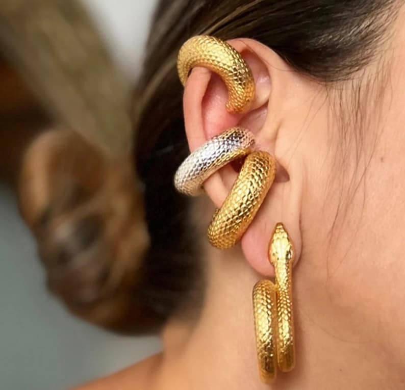 Snake Hoop Earrings, Serpent on Ear Earrings, Snake Illusion Earrings ...