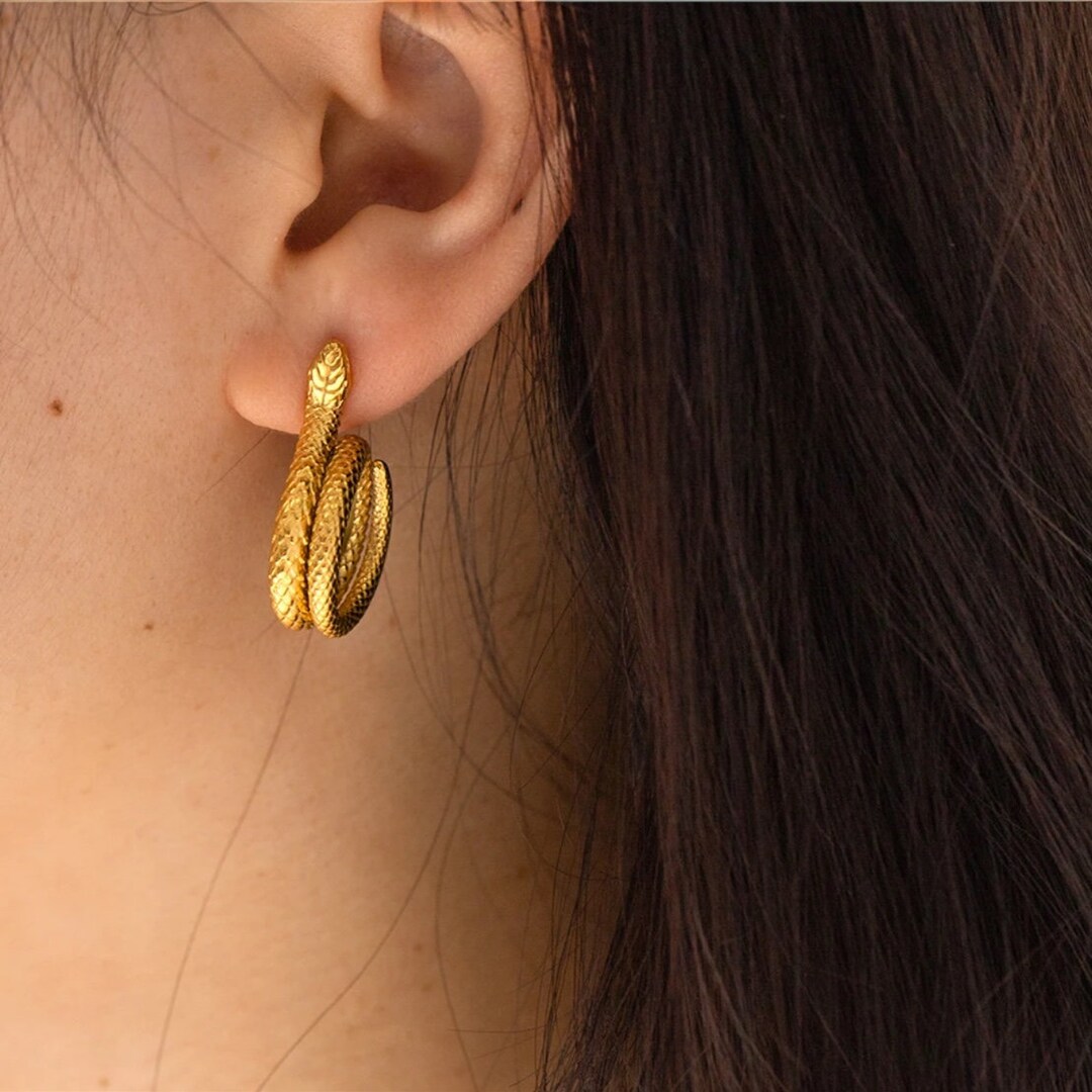 Snake Hoop Earrings, Serpent on Ear Earrings, Snake Illusion Earrings ...