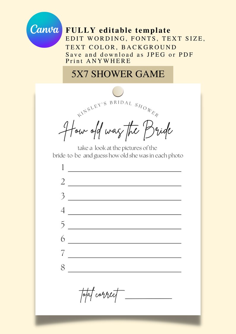 How Old Was the Bride Game Template Bridal Shower Game - Etsy