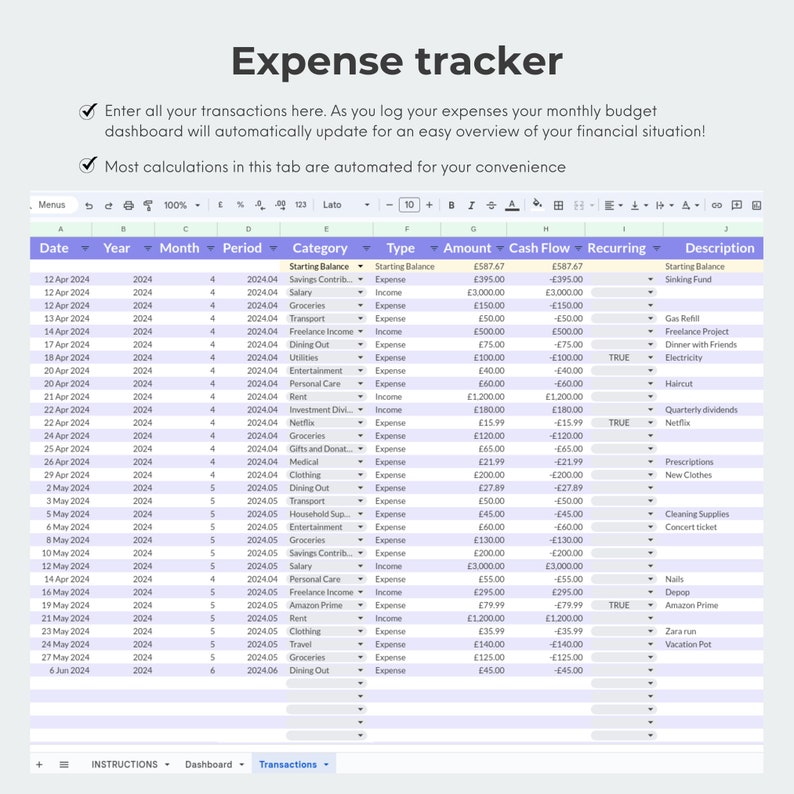 Dynamic Google Sheet Finance Tracker, Easy Budgeting Dashboard, Income ...