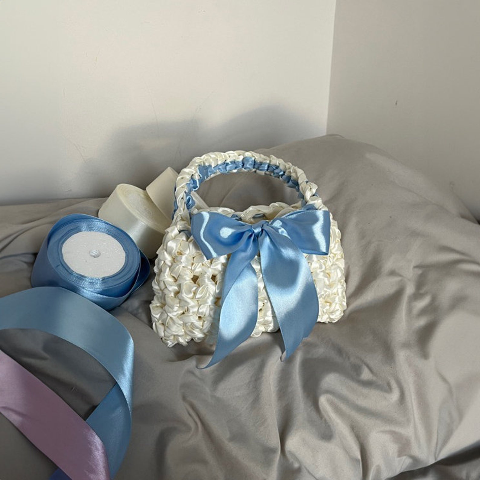 Satin Ribbon Bag, Wedding Day Clutch Bag, Ribbon Crochet Bag, Bridal ...