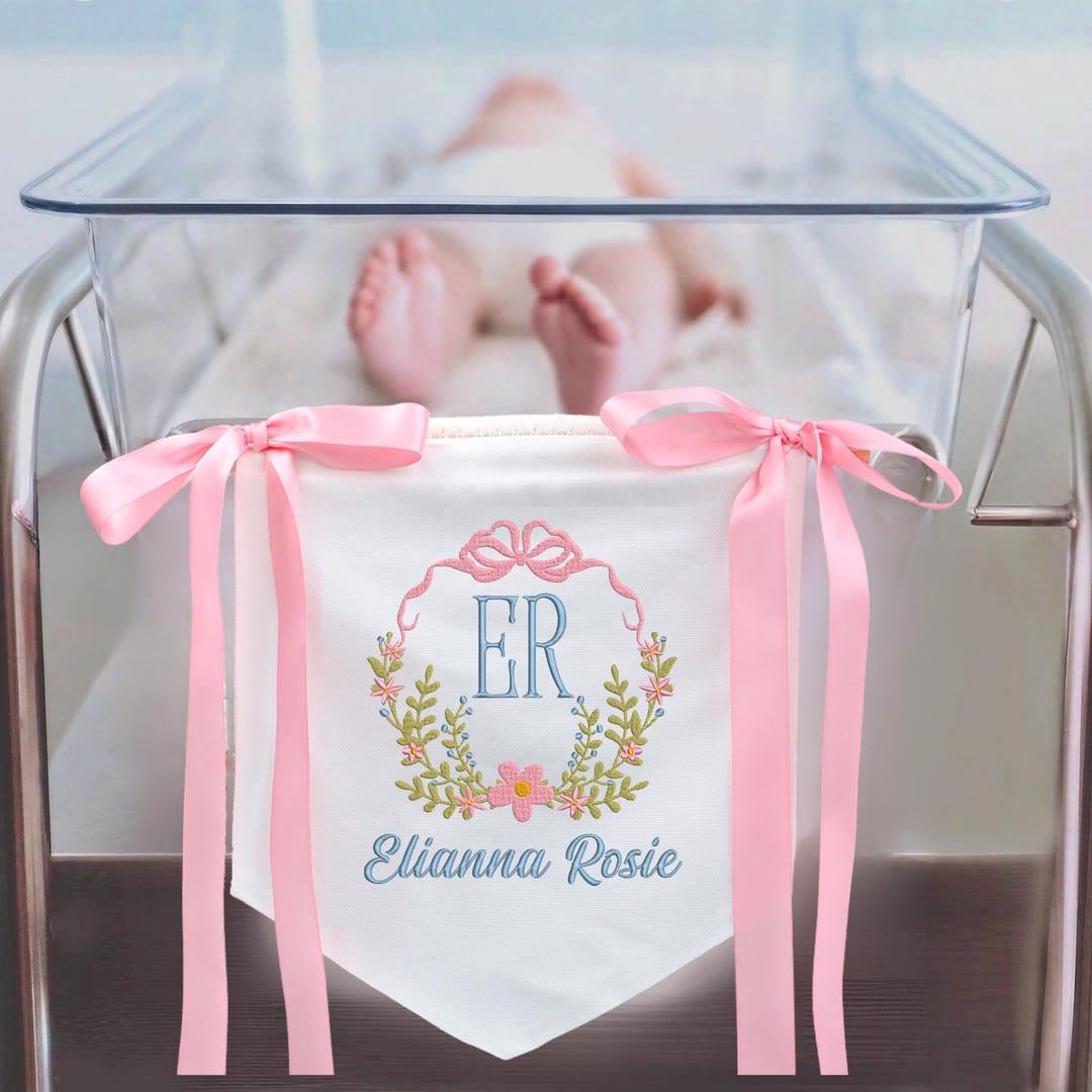 Personalized Baby Banner, Floral Crest Welcome Banner With Bows, Baby ...