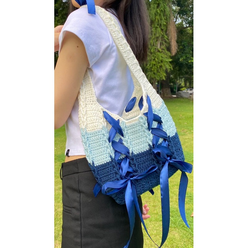 Crochet Bag With Ribbon Ribbon Crochet Bag Shoulder Bag - Etsy