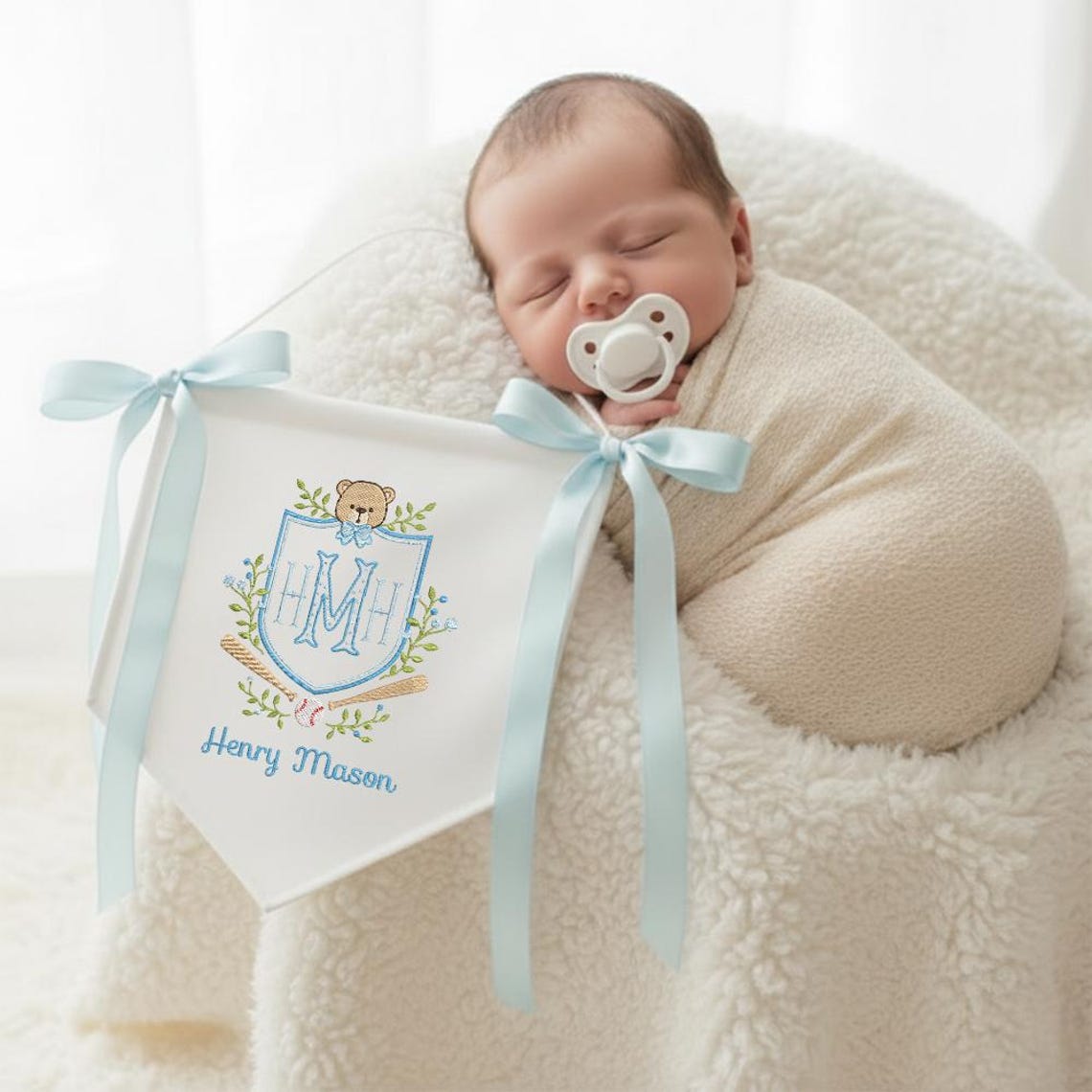 Custom Baby Banner With Teddy Bear and Baseball, Welcome Banner With ...