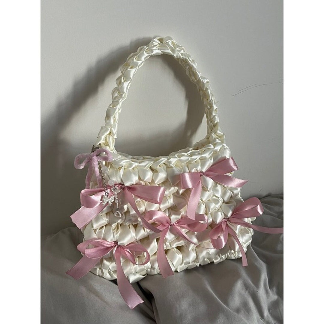 Satin Bow Crochet Bag, Ribbon Crochet Bag, Shoulder Bag, Coquette ...