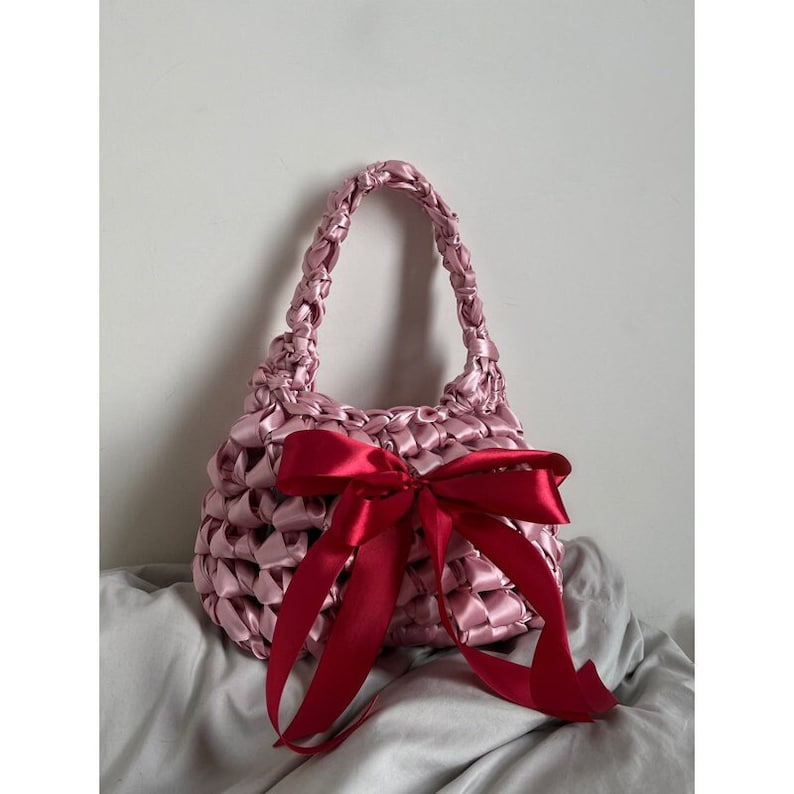 Crochet Satin Ribbon Bag, Ribbon Handbag, Shoulder Bag, Coquette ... Crochet Satin Ribbon Bag, Ribbon Handbag, Shoulder Bag, Coquette ...