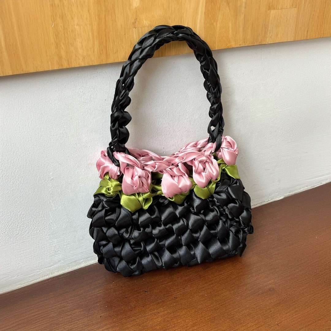 Crochet Satin Ribbon Bag, Flower Ribbon Handbag, Shoulder Bag, Coquette ...