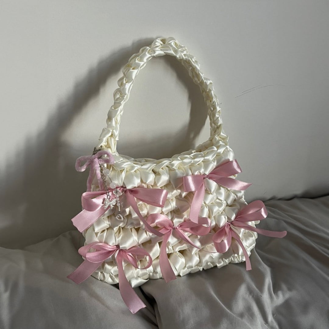 Satin Bow Crochet Bag, Ribbon Crochet Bag, Shoulder Bag, Coquette ...