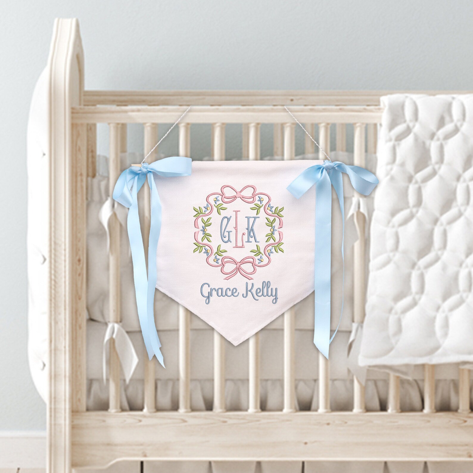 Personalized Baby Banner, Floral Crest, Ribbon Bows, Nursery Decor - Etsy