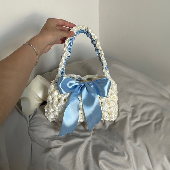 Satin Ribbon Bag, Wedding Day Clutch Bag, Ribbon Crochet Bag, Bridal ...